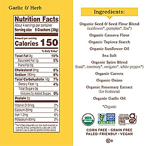 Simple Mills Organic Seed Crackers, Garlic & Herb - Gluten Free, Vegan, Healthy Snacks, Paleo Friendly, 4.25 Ounce (Pack of 1)