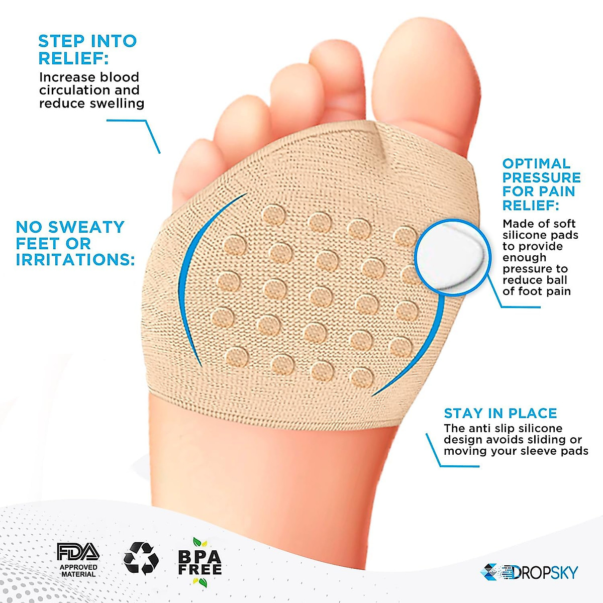 Metatarsal Pads Women Sleeves Anti-Slip Inserts with Gel (4-Pack) Ball of Foot Cushions for Women & Men Pain Relief Soft Padding - Sesamoiditis Pads, Metatarsalgia Insole, FSA and HSA Eligible (Nude)