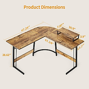 Cubiker L Shaped Desk, Computer Corner Desk, Gaming Desk with Monitor Stand, Home Office Study Writing Workstation, Space-Saving（47 Inch Rustic Brown）
