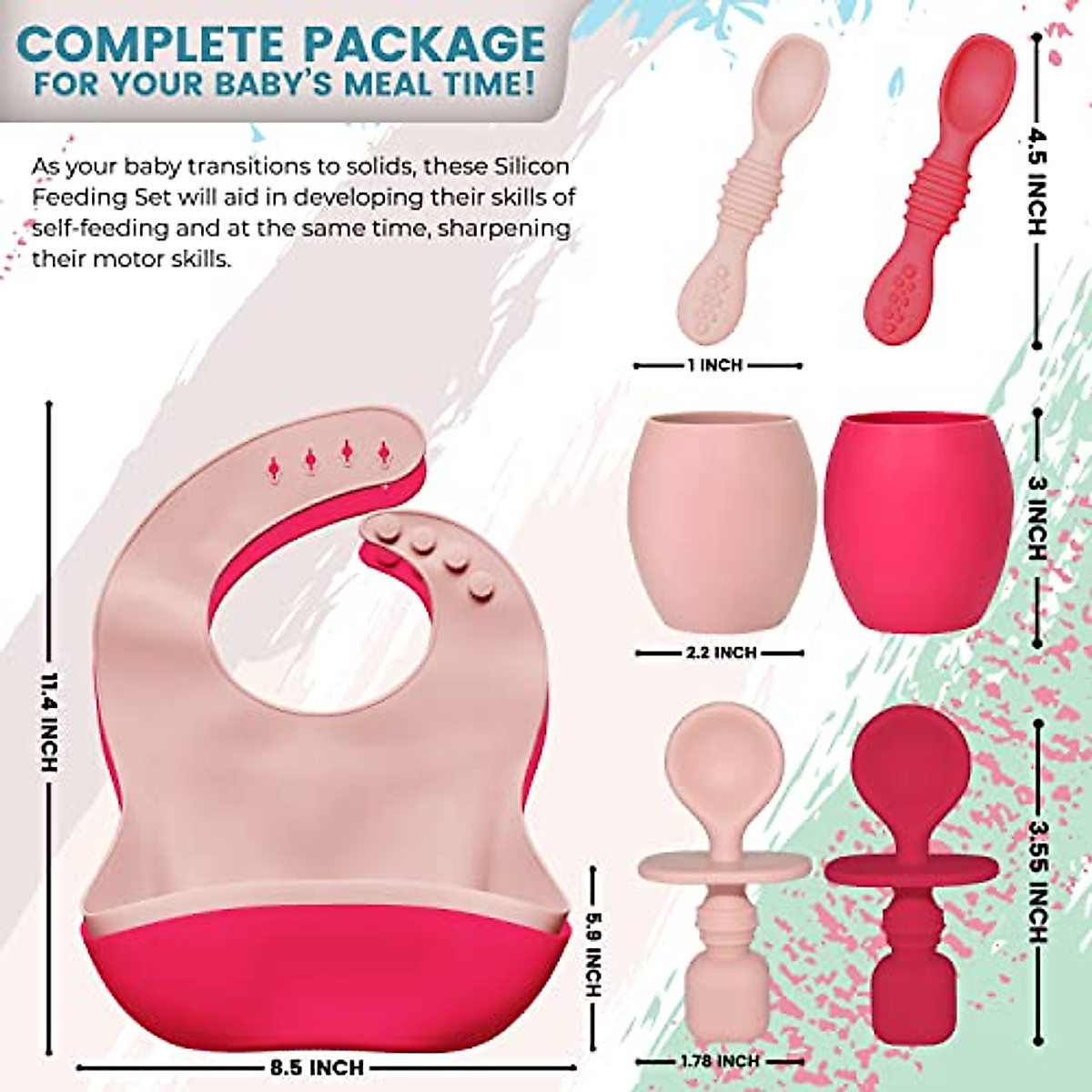 Baby Silicone Feeding Set - Baby Led Weaning Utensils, Silicone Bibs, Infant Feeding Cups For Boys, Girls, & Toddlers Smooth Waterproof Material For Practical Eating, Set of 8