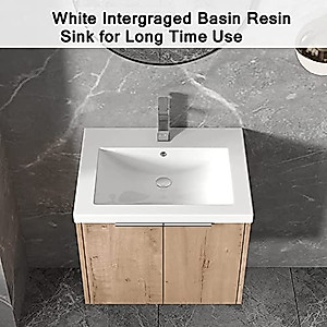 SSLine Wall Mounted Bathroom Vanity with Sink Combo Modern 24-Inch Single Bathroom Vanity Set with Top Basin &Storage Cabinet Brown Wood Hanging Bath Cabinet w/Resin Sink for Small Space (24"-Brown)