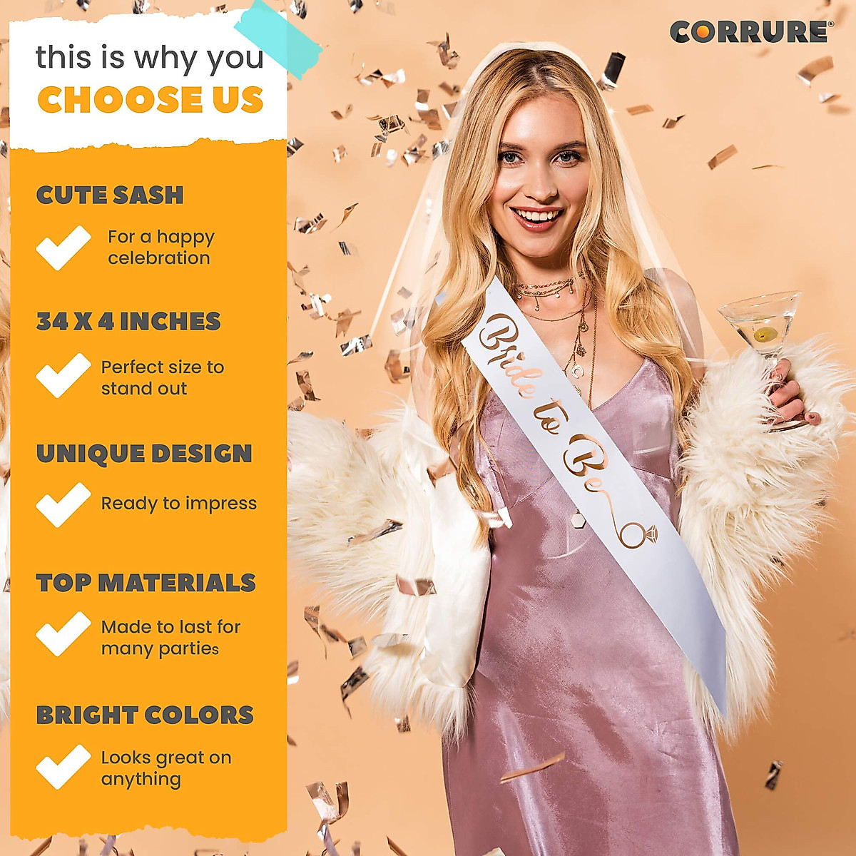 CORRURE 'Bride to Be' Bachelorette Party Sash - Bridal Shower White Satin Sash with Rose Gold Foil Lettering - Hen Party Decorations Supplies Accessories, Wedding Engagement Party Favors Gift