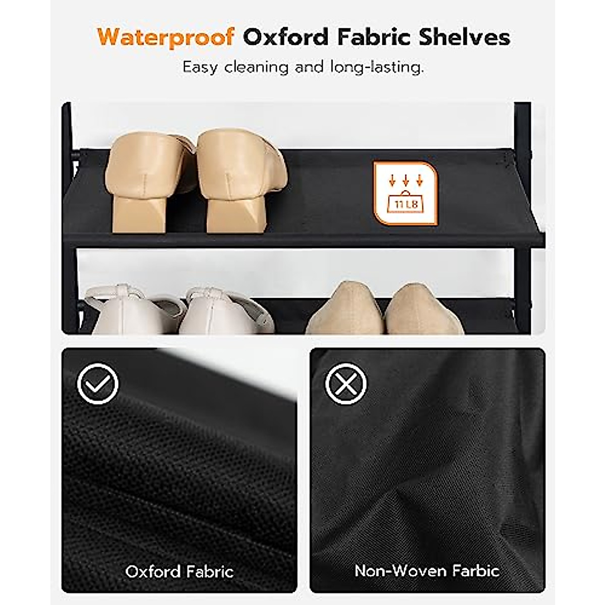 HOOBRO Shoe Rack, 4 Tier Shoe Storage Organizer, Shoe Shelf with 3 Oxford Fabric Shelves and Top Panel, Holds 12-16 Pairs of Shoes, for Entryway, Closet, Steel Frame, Industrial, Rustic Brown BF47XJ01G1