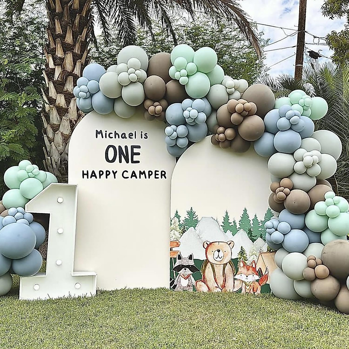 One Happy Camper Birthday Decorations,145Pcs Camping Balloon Arch Garland Kit Blue Green Brown Balloons for Boys Kids 1st Birthday Happy Camper Forest Camping Adventure Wilderness Baby Shower Party