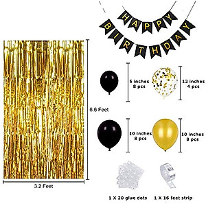 Black Gold Birthday Party Decoration Set, Black and Gold Party Decoration Including Happy Birthday Banner, Balloons, Metallic Fringe Curtain, Perfect Fit for Girls or Boys, Men or Women Birthday