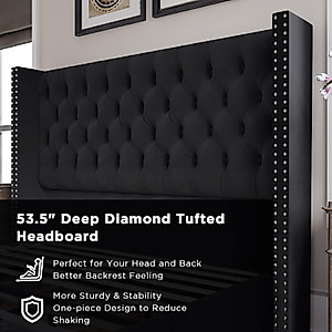 Jocisland Queen Bed Frame Wingback Headboard Upholstered Bed Velvet Tufted Deep Button/No Box Spring Needed/Easy Assembly/Black