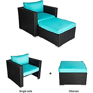 Kinsunny Wicker Furniture Single Chair with Ottoman, Black PE Wicker Additional Seats for Sectional Sofa
