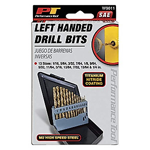 Performance Tool W9011 13pc Left Hand Drill Bit Set, With Titanium Nitride Coating SAE (1/16" - 1/4")