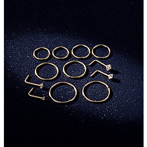 Masedy Nose Rings 12Pcs 20G 316L Stainless Steel L Shaped Nose Studs Cartilage Tragus Septum Piercing Gold