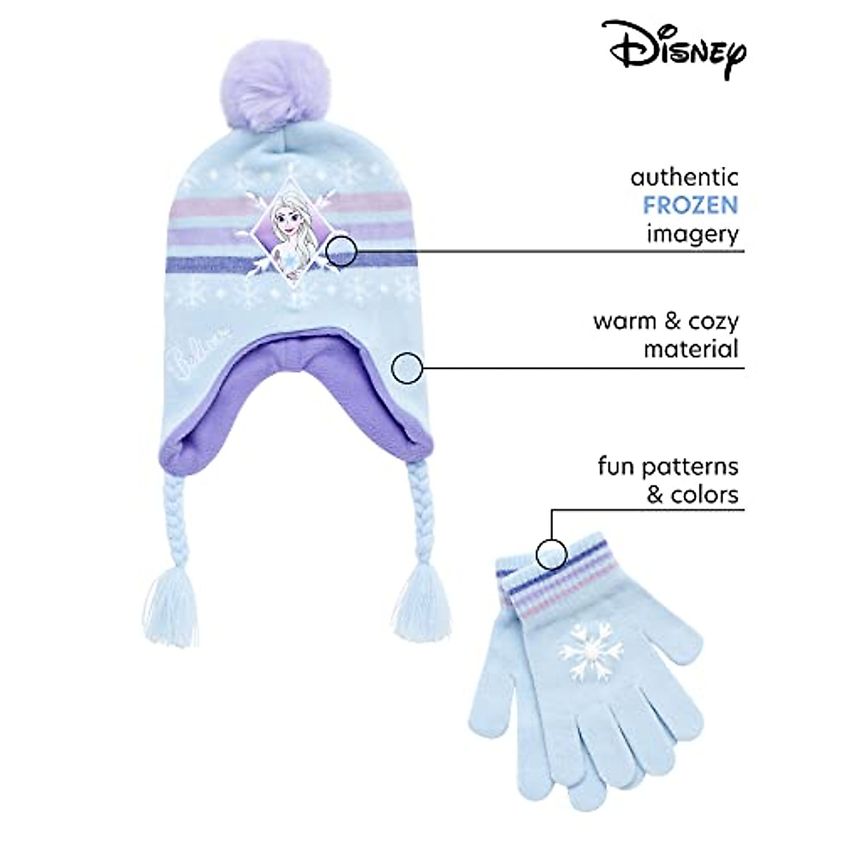 Disney Girls’ Winter Set: Ear Flap Beanie Hat, Gloves or Mittens: Elsa, Anna, Princess (Age: 2-7), Size Age 4-7, Blue Glove