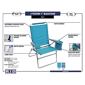 Rio Brands 17" Extended Height 4-Position Folding Beach, Camping, Lawn Chair, Graphic Traffic Blue/White/Multi Stripe