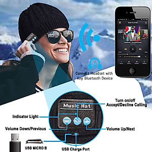 Bluetooth Beanie Hat Unique Gifts for Men Women - Wireless Music Hats Winter Knitted Cap - Unisex Stretchy Daily Hat Built-in Stereo Speakers Microphone, Ideas Gift for Girls Boys Teen Dark Black
