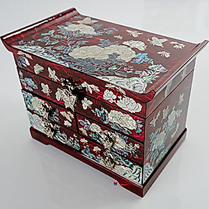 February Mountain Mother of Pearl Wooden Jewelry Organizer Box – Jewelry Storage Box for Women, Features Spacious Drawers, Ideal for Rings, Bracelets, Watches, Chains, Accessories (Peony_Red)