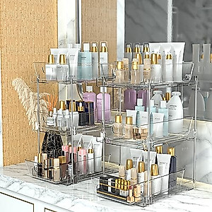 WUHUIXOZ 3 Pack 2 Tier Clear Under Bathroom Sink Organizers and Storage, Medicine Cabinet Organizer with Dividers, Pull Out Kitchen Pantry Shelf Cupboard Closet Vanity Organization Bins