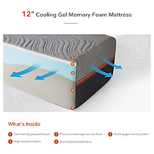 Sweetnight Mattress, 12 inch Memory Foam Mattress with Three Firmness Levels from Soft to Firm, Gel Infused for Cool Sleep and Spinal Support, Flippable King Size Mattress in a Box, Whisper