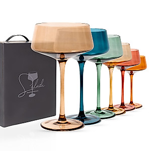 Saludi Colored Coupe Glasses, 10oz (Set of 6) Stemmed Multi-Color Glass - Great for All Cocktail Types and Occasions - Luxury, Durable, Hand-Blown