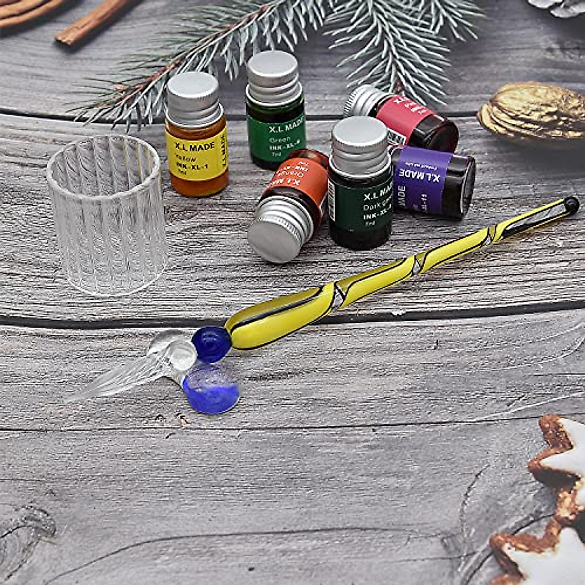 SIPLIV Glass Dip Pen Ink Set Crystal Spiral Pattern Dip Pen Ink Set with 12 Colorful Inks, Calligraphy Pens Kits for Art, Writing, Signatures, Desktop Decoration - Yellow