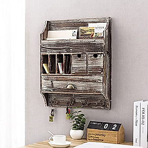 MyGift Torched Wood Entryway Wall Organizer with Mail Holder Organizer, Accessories Storage Compartments, Pull Out Drawers and Dual Key Hooks