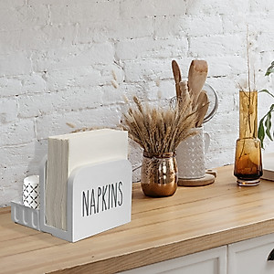 Karisky Rustic Napkin Holder with Salt and Pepper Shakers Holder, Boho 2-in-1 Solid Real Wood and Metal Napkin Caddy with Non-Slip Base for Tables, Kitchen Countertop, White