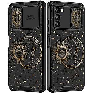 Goocrux for Samsung Galaxy A03S Case Sun and Moon Stars for Girls Women Cute Space Girly Phone Cover Fashion Gold Print Unique Design with Slide Camera Cover Aesthetic Cases for Galaxy A03S 5G 6.5''
