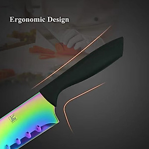 Stainless Steel Knife Set，5Pcs Kitchen Knife Set With Rainbow Titanium Coating Blade,Extremely sharp Non Stick Non Rust Knife Set with Comfortable Handle (Black)
