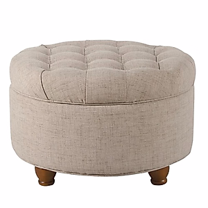Stylish Accent 25'' Wide Round Tufted Ottoman Storage,Extra Padded Foam Seating|Relaxing Footrest Bedroom Coffee Table Stool,Decor|Lift-Off Lid Dark Walnut Bun Feet,Button Tufted, Light Tan Color
