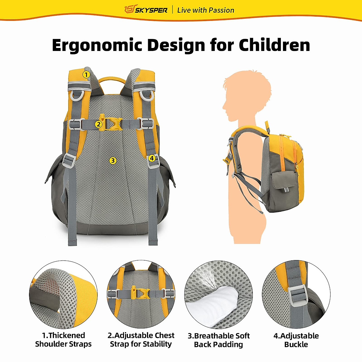 SKYSPER Kids Backpack 10L Toddler Backpack Travel Daypack for Preschool and Kindergarten(Yellow)