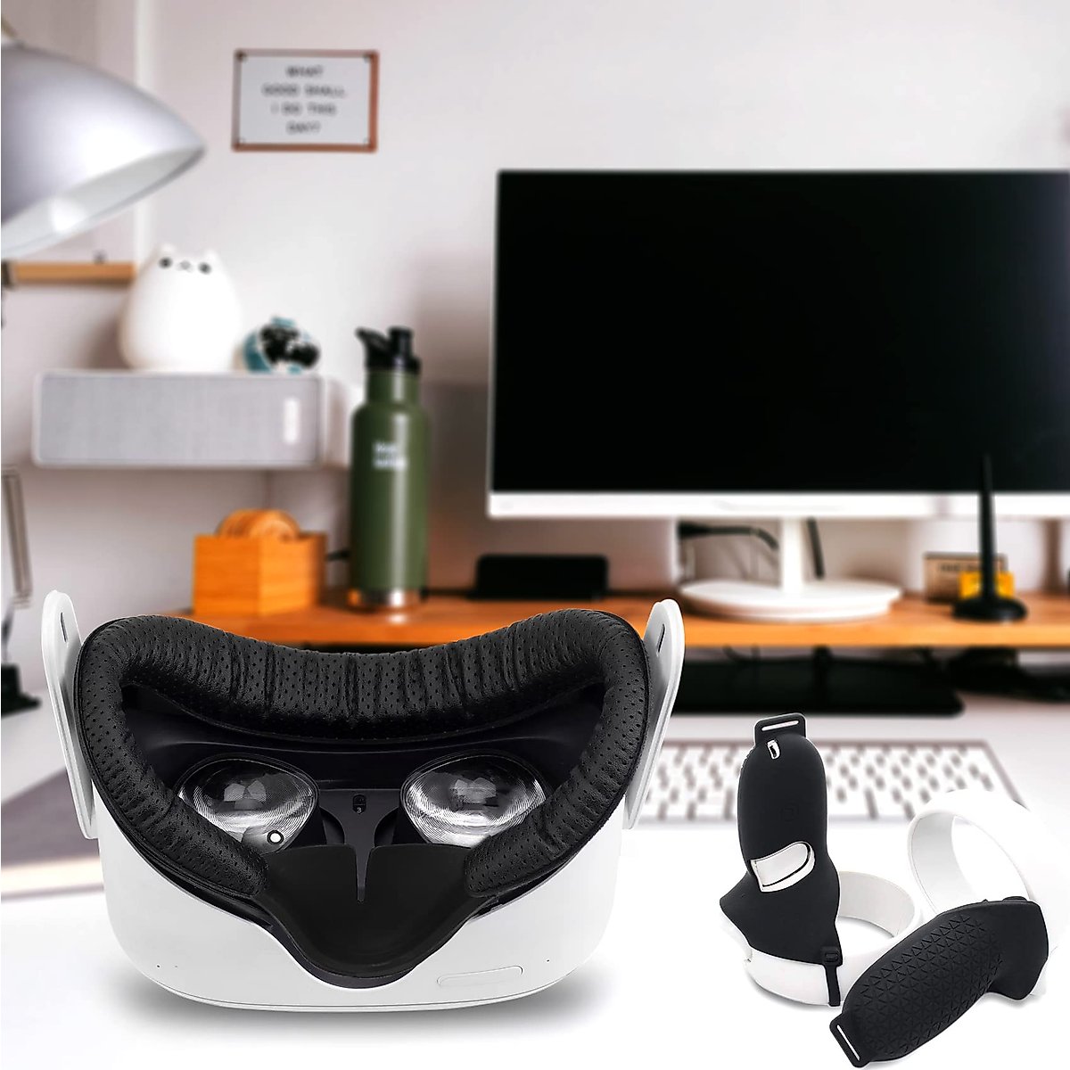 Gorliskl Facial Interface for Oculus Quest 2 ，Resilient VR Facial Vent Soft Interface Bracket &Anti-Leakage Light PU Leather Foam Face Cover Replacement Pad（Widened Version） Upgrade Accessories
