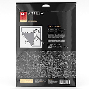 Arteza Graphite Transfer Paper, 9 x 13 Inches, 60 Sheets, Gray Carbon Paper for Tracing and Transferring Drawings onto Wood, Paper, Canvas, Arts & Crafts Projects