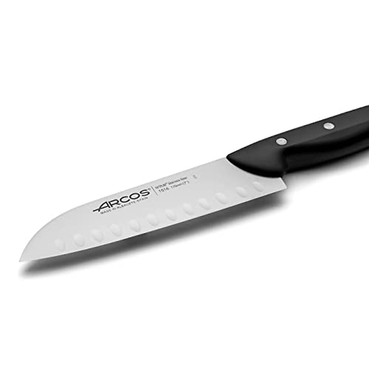 ARCOS Santoku Knife 7 Inch Nitrum Stainless Steel. Japanese Kitchen Knife for Fish, Meat and Vegetables. Ergonomic Polyoxymethylene POM Handle and 170 mm blade. Multi-use. Series Maitre. Color Black