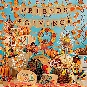 Famoby FRIENDSGIVING Burlap Banner Paper Triangular Bunting Maple leaf Garland Plastic Streamer for Thanksgiving Day Party Decoration