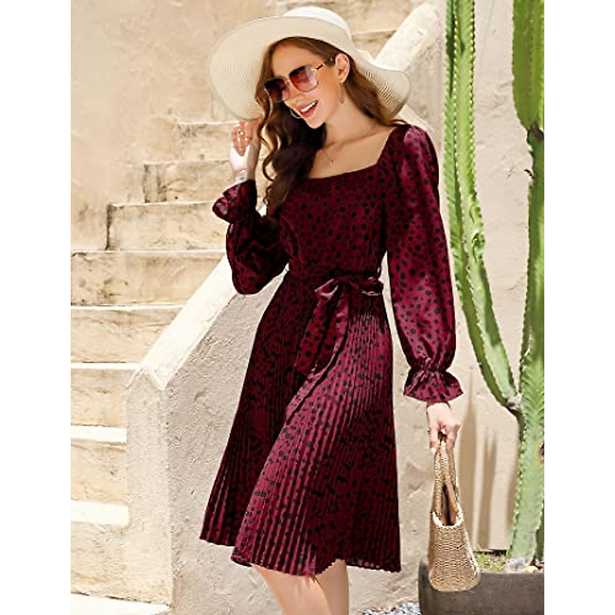 Womens Red Dress Lantern Sleeve Square Neck A Line Flare Midi Ladies Leopard Print Dresses Formal Work Office