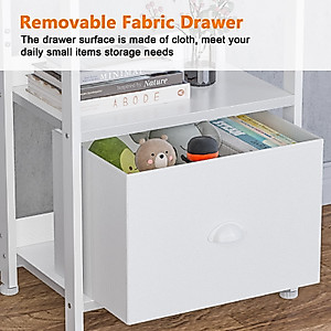 Furologee 5 Tier Bookshelf with Drawer, Tall Narrow Bookcase with Shelves, Wood and Metal Book Shelf Storage Organizer, Modern Display Standing Shelf Unit for Bedroom, Living Room, Office, White