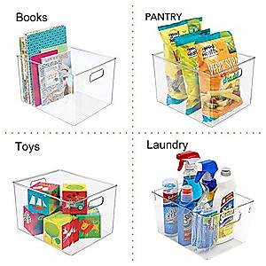 Zeeych Clear Deep Pantry Organizer Bins Household Plastic Food Storage Basket with Cutout Handles for Kitchen,Office, Cabinets, Refrigerator, Freezer, Bedrooms, Bathrooms - 11” L × 8” W × 6” H