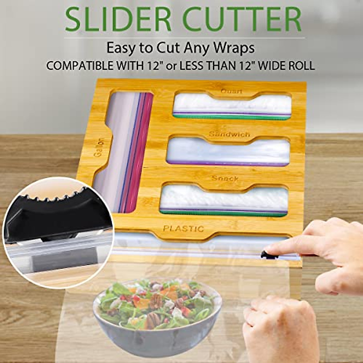 Plastic Bag Organizer for Kitchen Drawer, Bamboo Baggie Organizer and Wrap Dispenser with Cutter, Bag storage organizer Compatible with Gallon Quart Sandwich Solimo Glad Snack Variety Size Bag