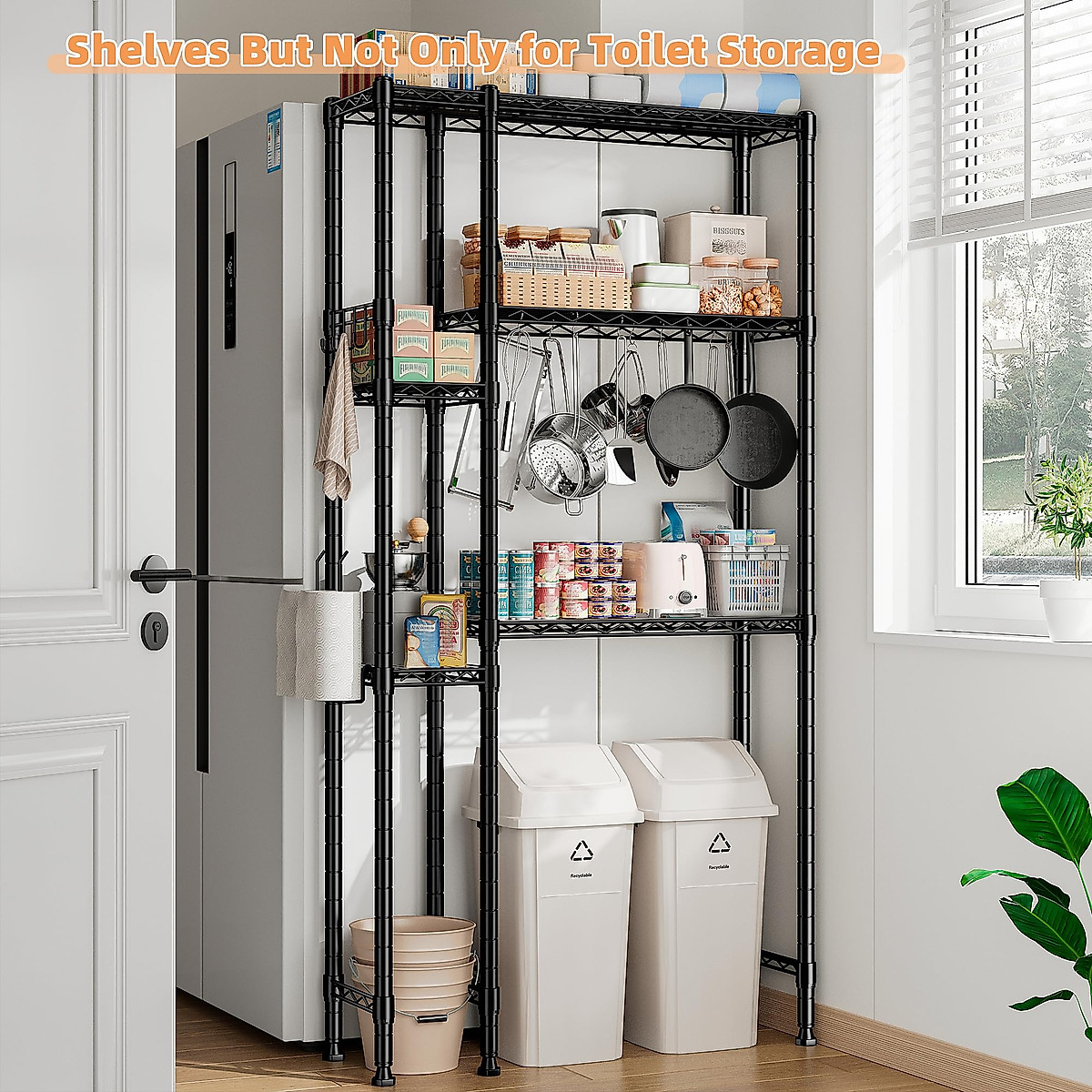 REIBII Over The Toilet Storage Cabinet, 6 Tier Over The Toilet Shelf with Adjustable Feet, Bathroom Over Toilet Storage with 4 Hooks & 2 Paper Holders, Black