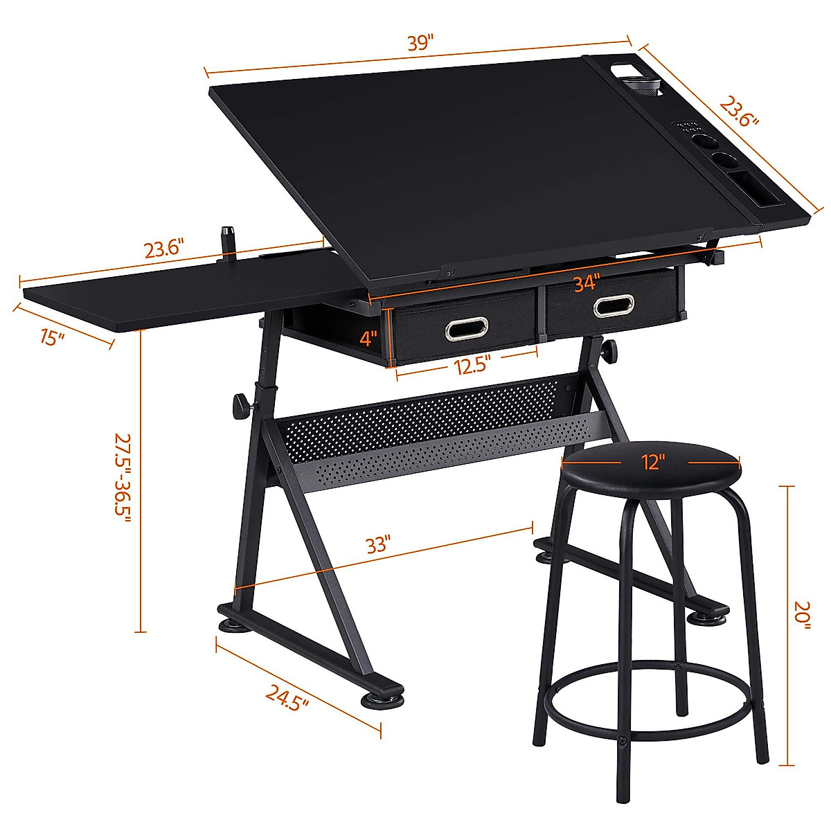 Yaheetech Drafting Table for Artists, Height Adjustable Drawing Desk Art/Craft Desk Diamond Paintings Work Station w/ 2 Storage Drawers and Stool for Home Office School, Black