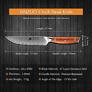 XINZUO Damascus Steel 4Pcs Steak Knife Set, 5 Inch Premium Dinner Knife Set Sharp Kitchen Table Knives -Straight Edge Blade -Triple Rivet -with Gift Box -Ergonomic Rosewood Handle-Yi Series
