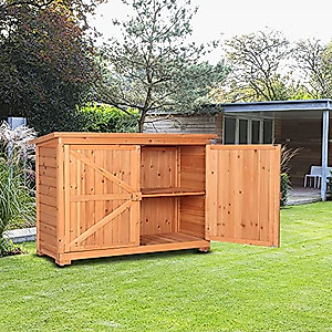 Outdoor Storage Cabinet with Double Doors, Fir Wood Garden Shed, Outside Tool Shed, Vertical Storage Organizer Cabinet with Double Lockable Doors for Outside, Garden and Yard,Natural