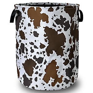 Cows Skin Brown Print Laundry Basket Foldable With Handles Tote Bag Oxford Cloth Animal Funny Laundry Hamper Clothes Storage Bucket Toy Organizer 18.9" x16.5" For Bathroom/Laundry/Bedroom