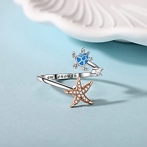 MOONMORY 925 Sterling Silver Spinner Fidget Ring Anxiety Ring for Women Teen Girls Adjustable Statement Jewelry Gift-Cute Turtle Starfish Open Rings (YYR220, 8-10#)