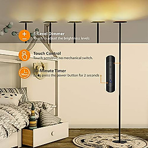 TROND LED Floor Lamp for Bedroom - 30W 5000 LM Super Bright Modern Standing Lamps for Living Room, Touch Control 5-Level Dimmable, 3000K Warm White Light, 30 mins Timer Tall Floor Lamp for Office Home