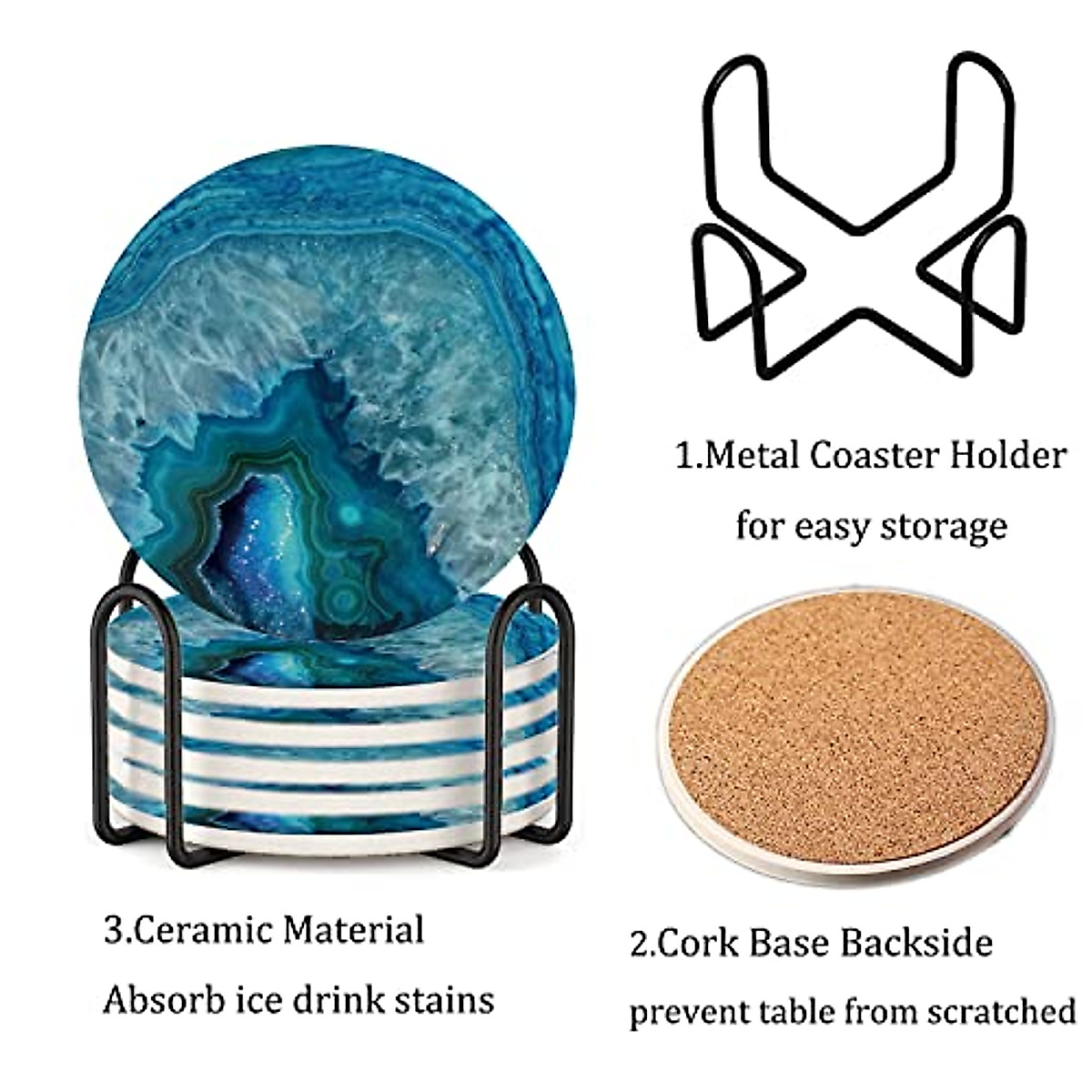 Coasters for Drinks with Holder 6 Pack,Marble Ocean Coasters for Table,Ceramic Absorb Stone Coasters with Cork Base,Housewarming Gift for Home Decor (Agate Blue)…