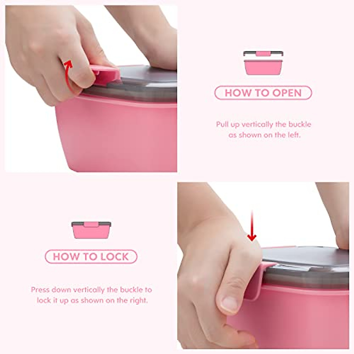 Cherrysea 2Pack Salad Lunch Container, 68oz Salad Bowls with 4 Compartments Tray,Leak Proof Lunch Box with Fork for Men,Women BPA-Free Snack Container with Sauce Container for Dressings-Pink