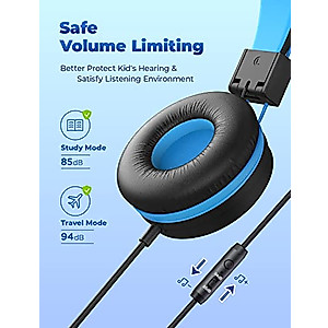 iClever HS14 Kids Headphones, Headphones for Kids with 94dB Volume Limited for Boys Girls, Adjustable Headband, Foldable, Child Headphones on Ear for Study Tablet Airplane School, Black, Blue