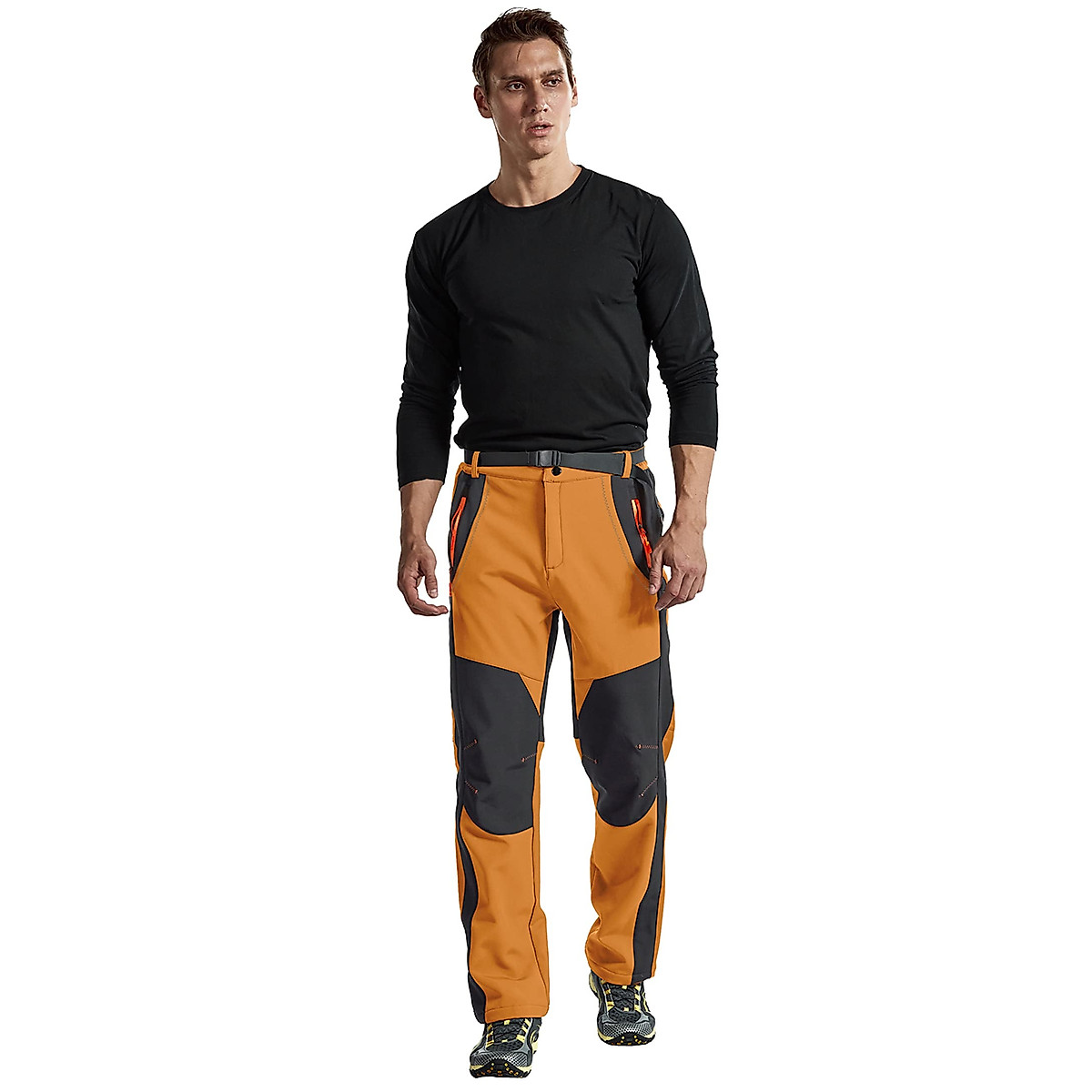 BASUDAM Men's Outdoor Pants Snow Waterproof Winter Insulated Fleece Lined Softshell with Belt Orange M