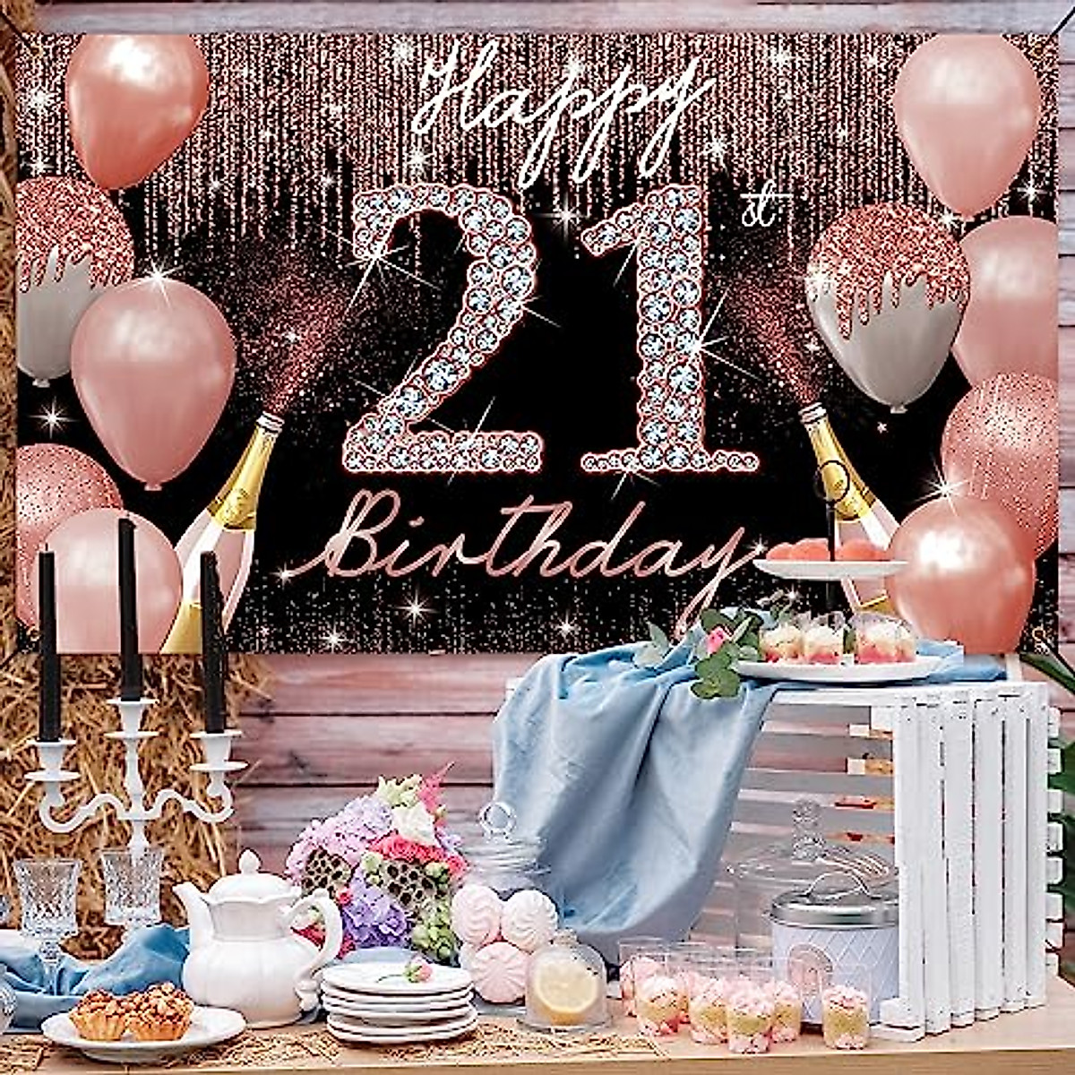 Happy 21st Birthday Backdrop Banner, 21st Birthday Decoration for Her Rose Gold, 21 Year Old Birthday Party Yard Sign Photo Booth Props Background Poster, 21 Bday Decor, Fabric, PHXEY