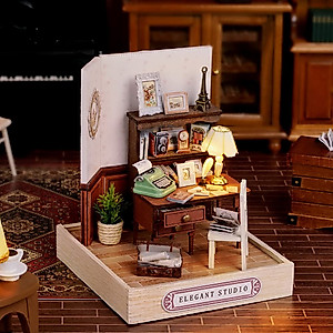 TuKIIE DIY Miniature Dollhouse Kit with Furniture, 1:24 Scale Creative Room Mini Wooden Doll House Plus Dust Proof for Kids Teens Adults(Elegant Studio)