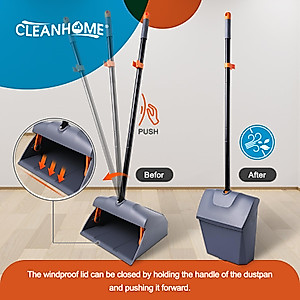 CLEANHOME Heavy Duty Broom with Dustpan Combo Set Indoor and Outdoor Dual Purpose,Stiff Bristle Commercial Angle Broom and Standing Dust Pans with Long Handle for Sweeping Home,Kitchen,Yard,Grey