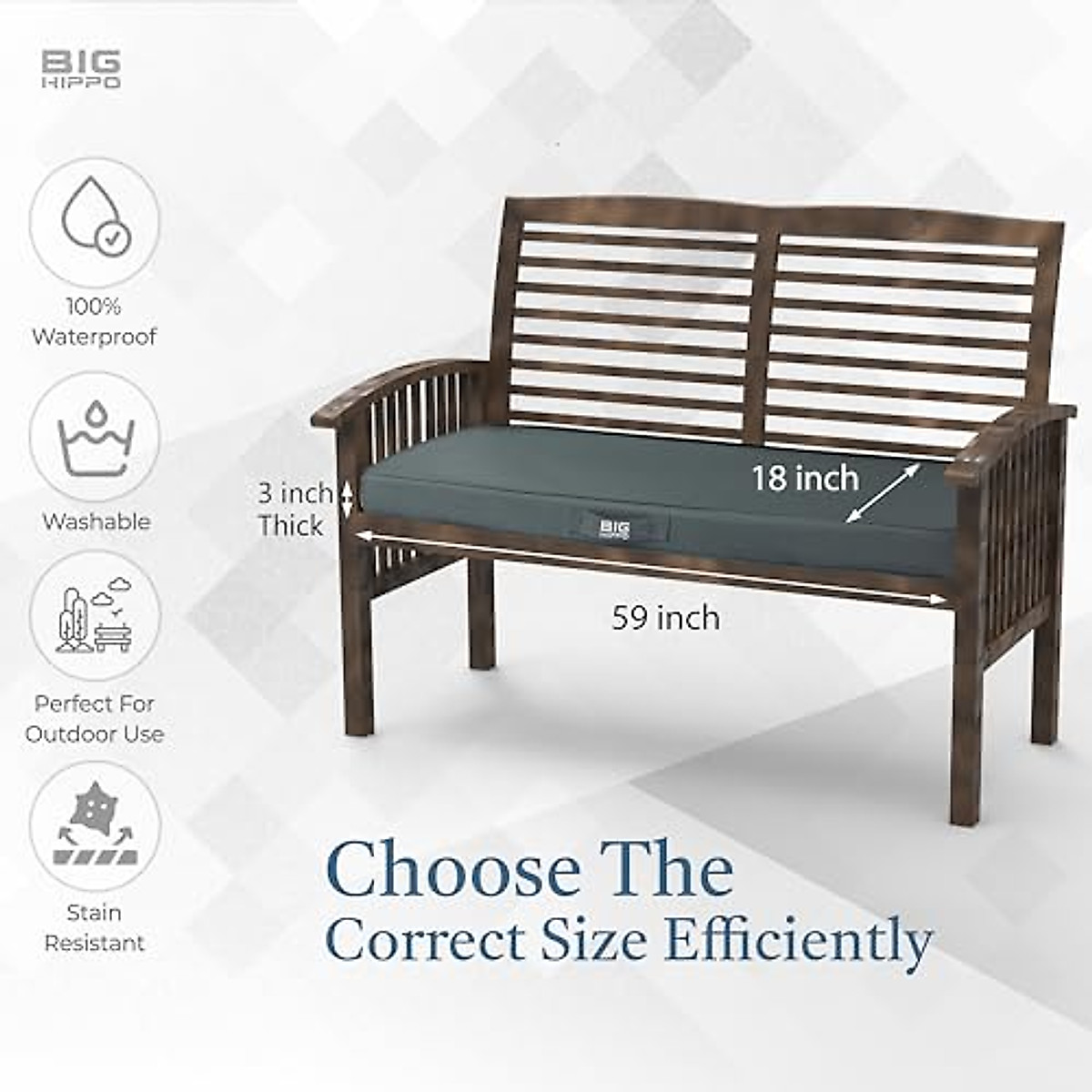 Big Hippo Foam Outdoor Bench Cushion 59 x 18 x 3 Inch, Thickened Soft Patio Furniture Cushions Porch Garden Cushions with Handle and Adjustable Straps-Grey